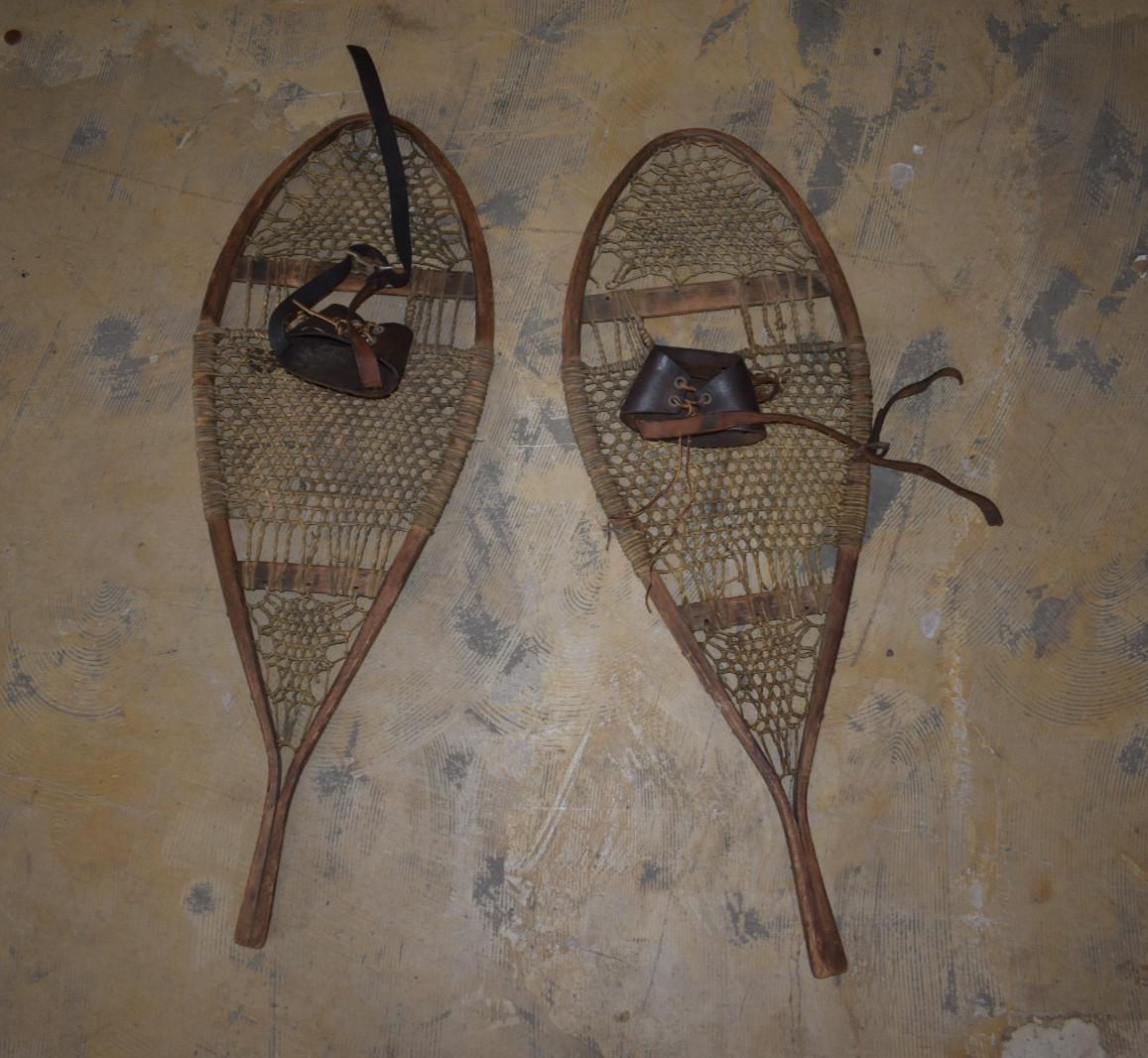 Vintage Wooden Snowshoes with Rawhide Webbing & Leather Bindings – c ...