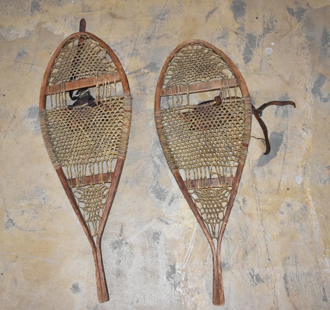 Vintage Wooden Snowshoes with Rawhide Webbing & Leather Bindings – c ...