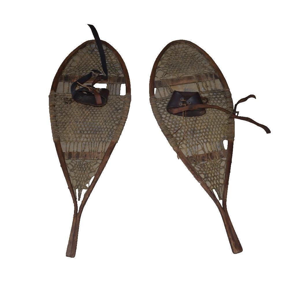 Vintage Wooden Snowshoes with Rawhide Webbing & Leather Bindings – c ...